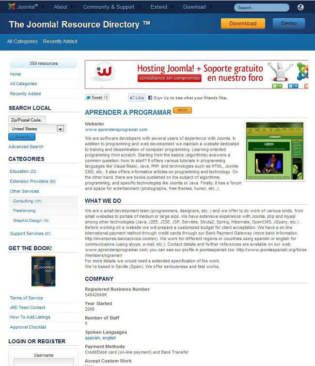 aprenderaprogramar.com se integra en el Joomla Resource Directory como empresa de desarrollos web.